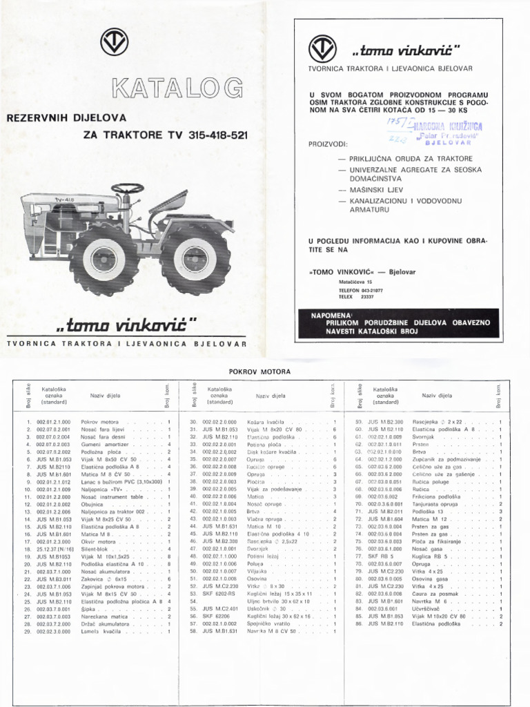 Katalog Rezervnih Dijelova Za Traktore TV 315-418-521 | PDF
