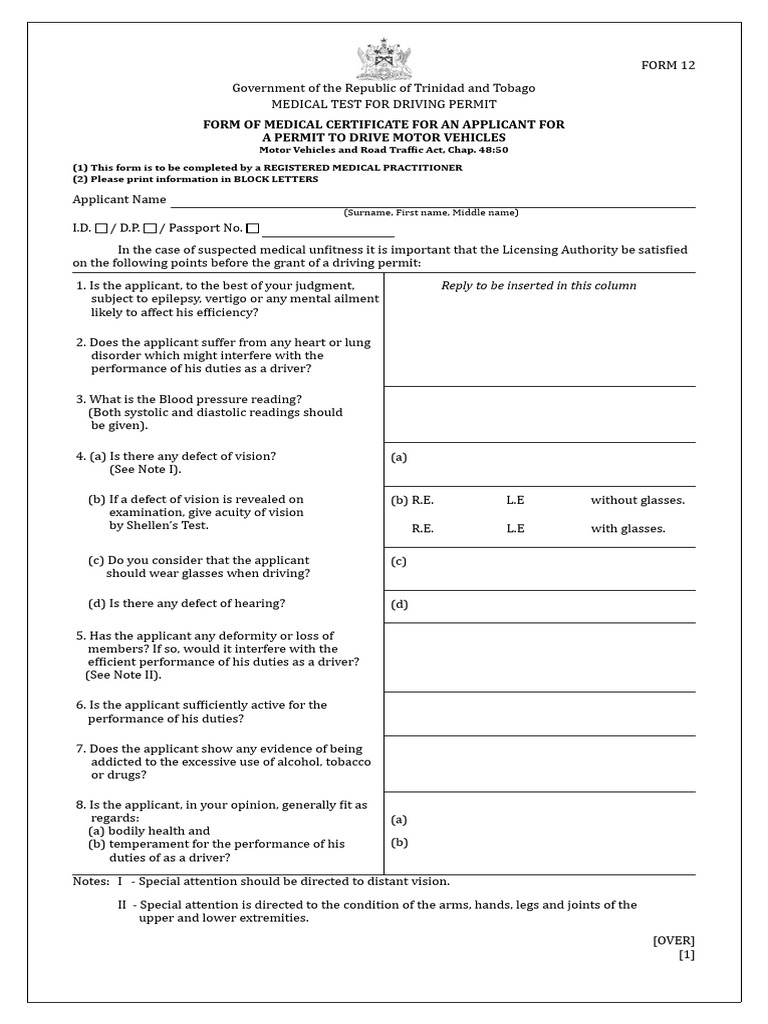 Form For Medical Certification An Applicant For A Permit To Driver ...
