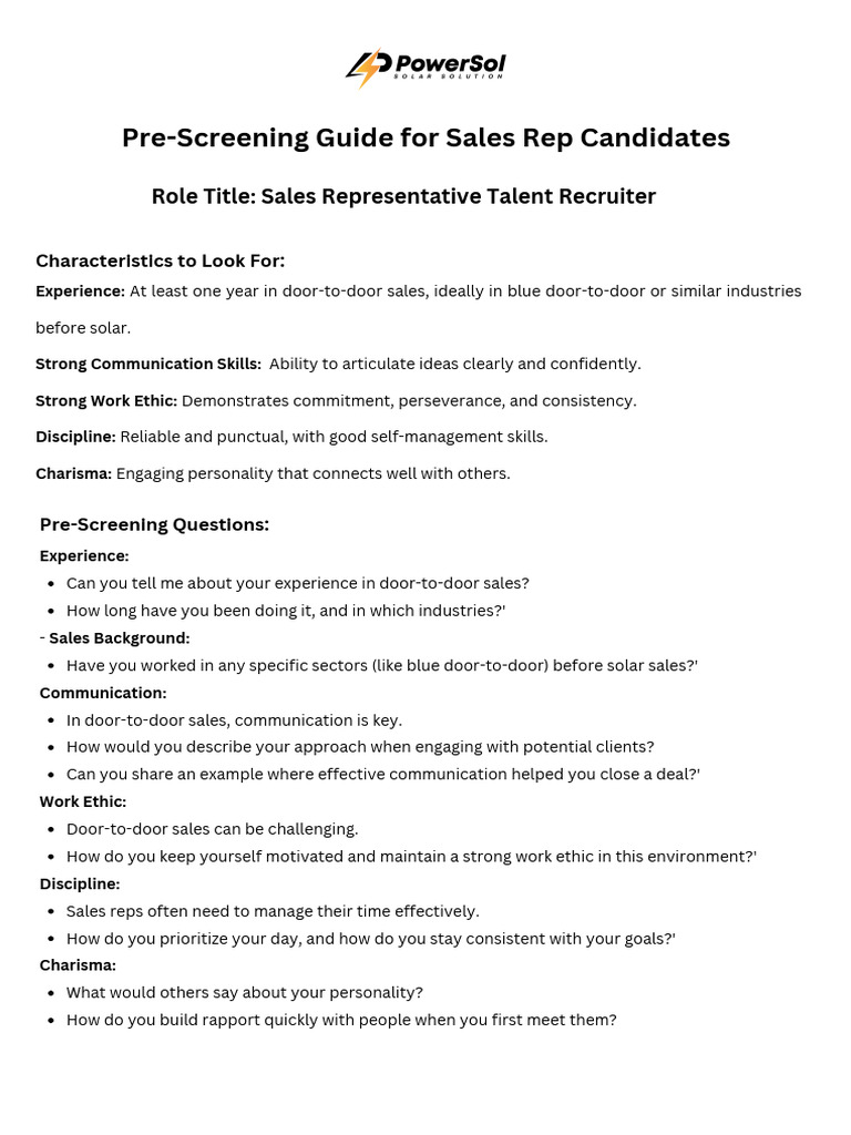 Pre-Screening Guide For Sales Rep Candidates | PDF