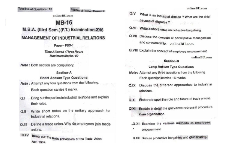 Mba 3 Sem Fso 01 Management of Industrial Relations 2016 | PDF