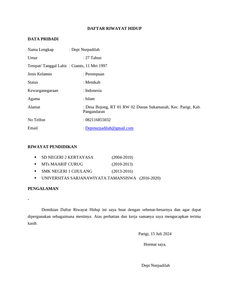 Daftar Riwayat Hidup Depi Nurpadilah | PDF