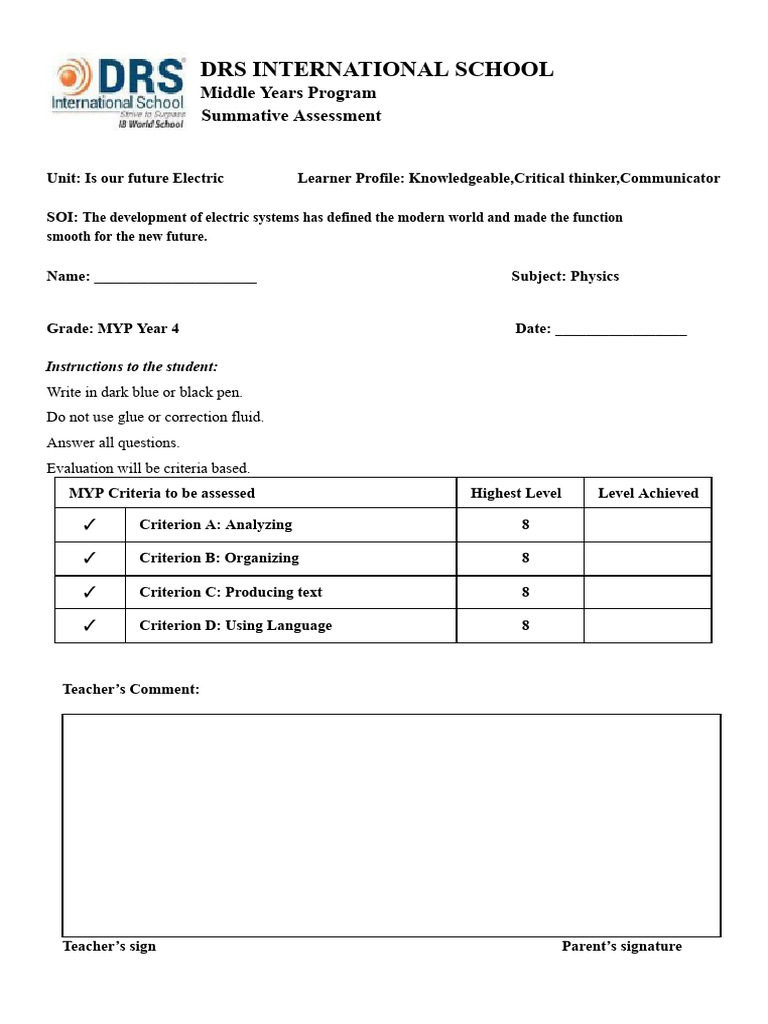 MYP - 4 - Unit1 Electricity - Summative - Assessment (Criterion A, B, C ...