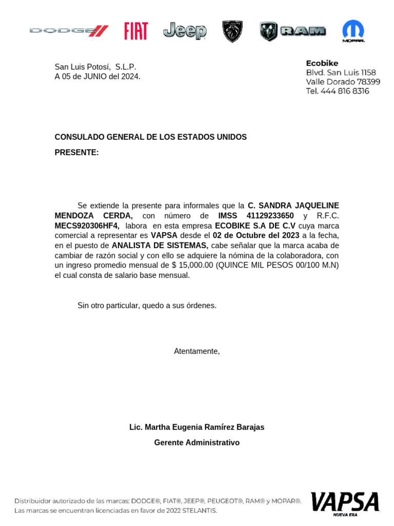 CONSTANCIA LABORAL ECOBIKE Visa | PDF