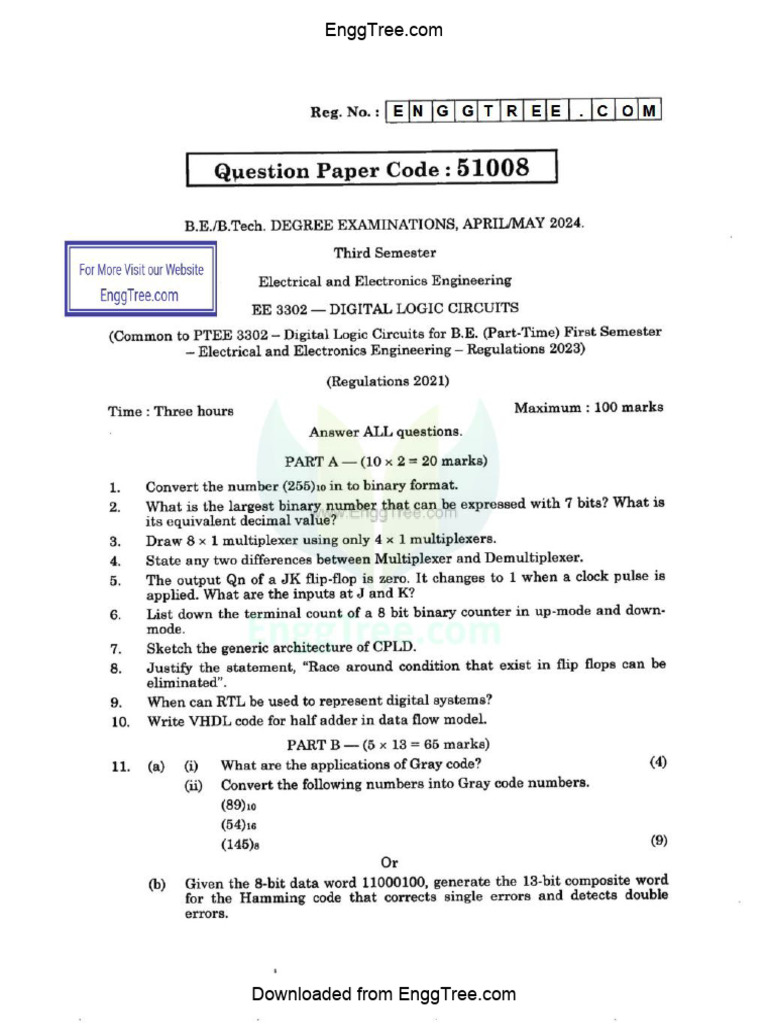 EE3302 Digital Logic Circuits Apr May 2024 Question Paper Download | PDF