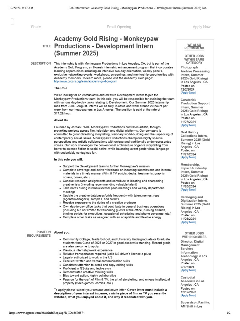 Monkeypaw Productions Internship 2025 | PDF | Employment | Internship
