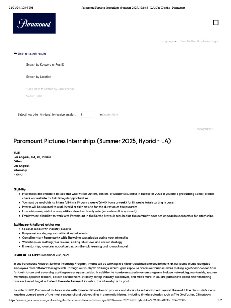 Paramount Pictures Internships (Summer 2025, Hybrid - LA) Job Details - Paramount | PDF ...