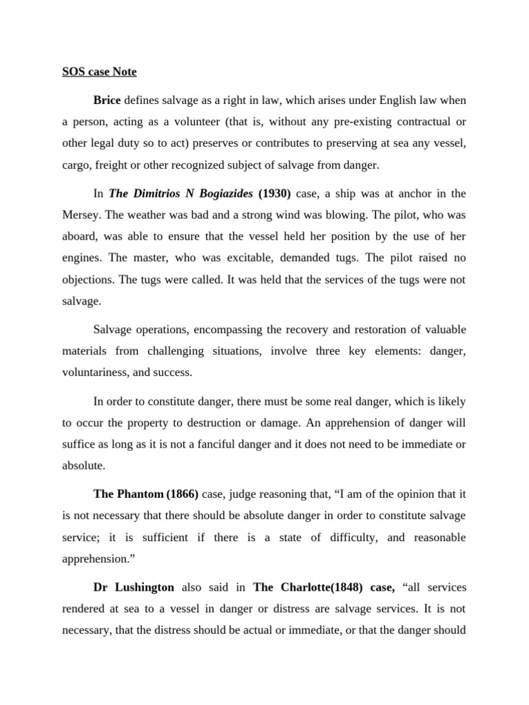 SOS case Note | PDF | Marine Salvage | Common Law