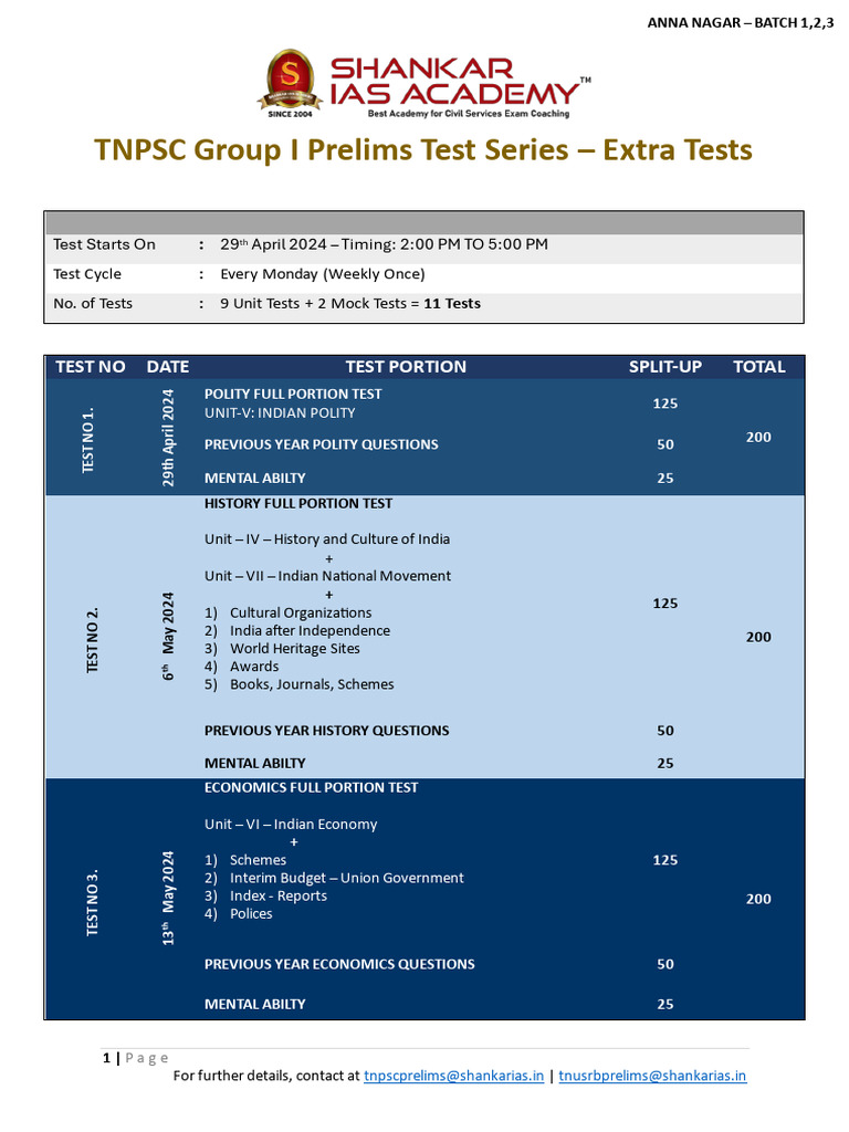 TNPSC Prelims Test Series Schedule 2024 | PDF | Tamil Nadu