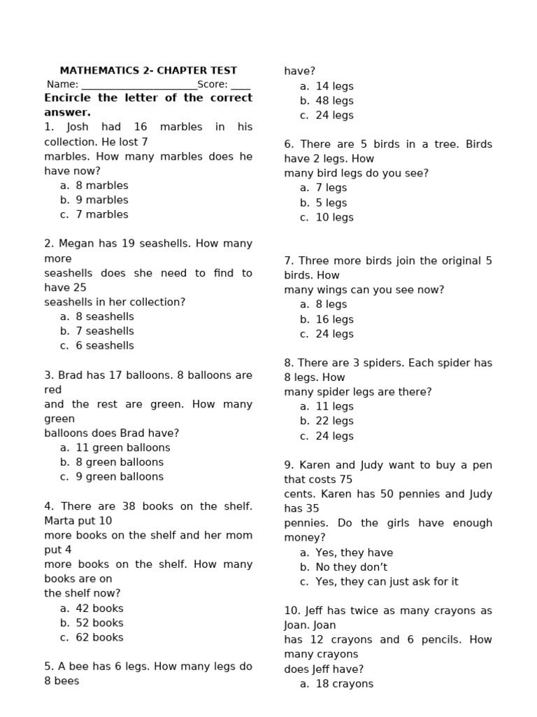 Mathematics Chapter Test Questions | PDF