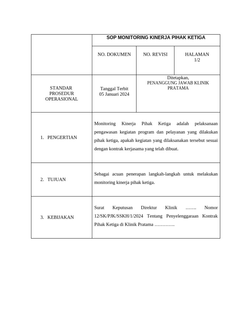 SOP Monitoring Kinerja Pihak Ke 3 | PDF