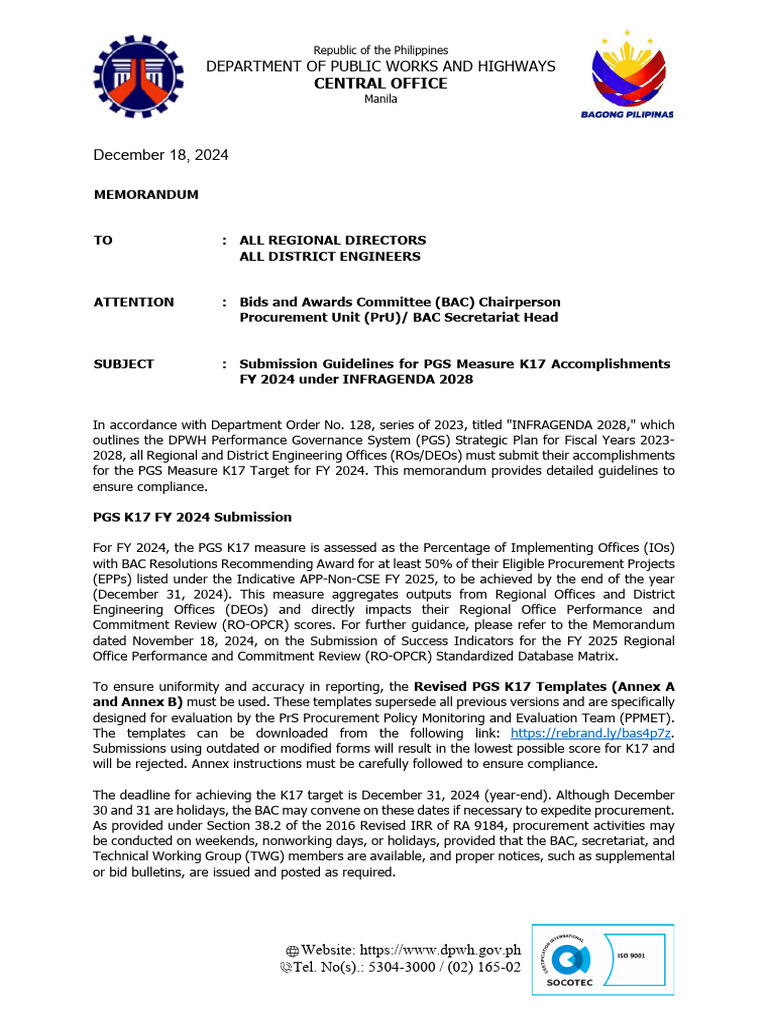 Memorandum - DPWH PGS K17 - 2024 - Overall | PDF | Procurement | Zip ...