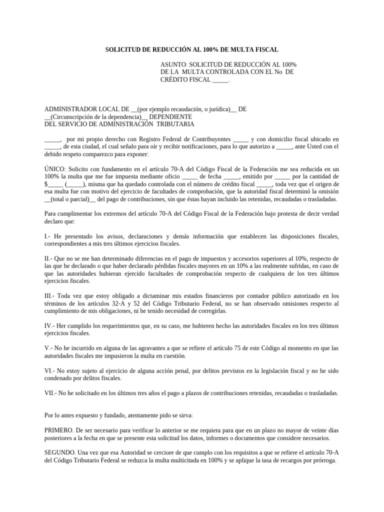 Solicitud de Reducción Al 100 de Multa Fiscal | PDF | Gobierno | Justicia