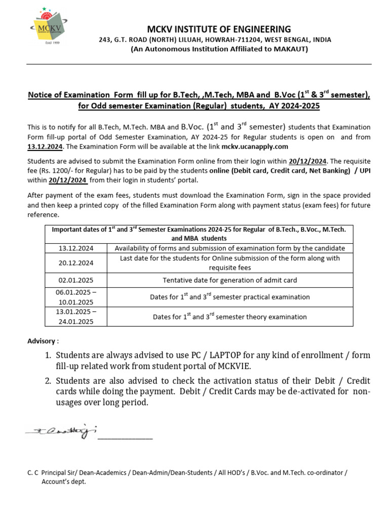Notice - Exam Form Fill-Up - 1st3rd Sem - 13.12.24 | PDF | Services (Economics) | Money