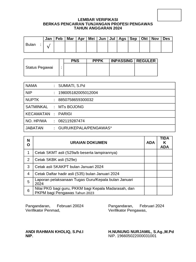 LEMBAR VERIFIKASI BERKAS TPG 2024 | PDF