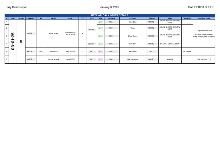Daily Order Report - 03-01-25 | PDF | Clothing