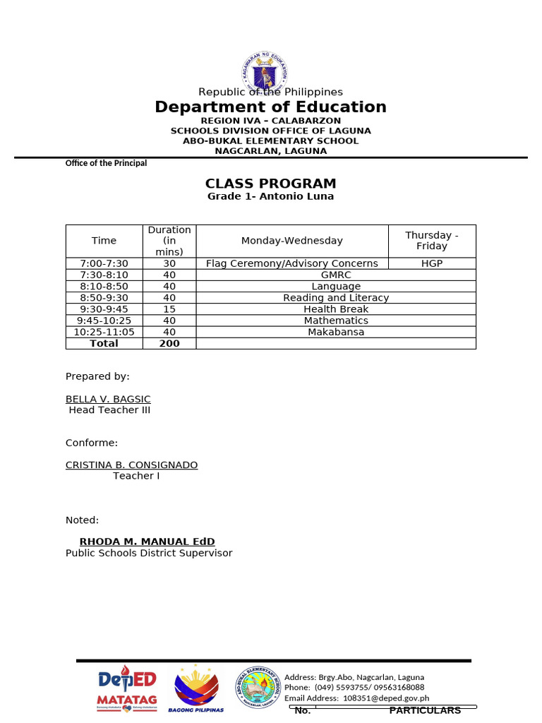 Grade 1 Class Program - Abo-Bukal School | PDF