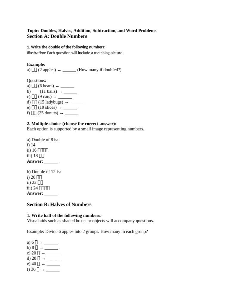 Doubles, Halves, Addition, Subtraction, and Word Problems | PDF