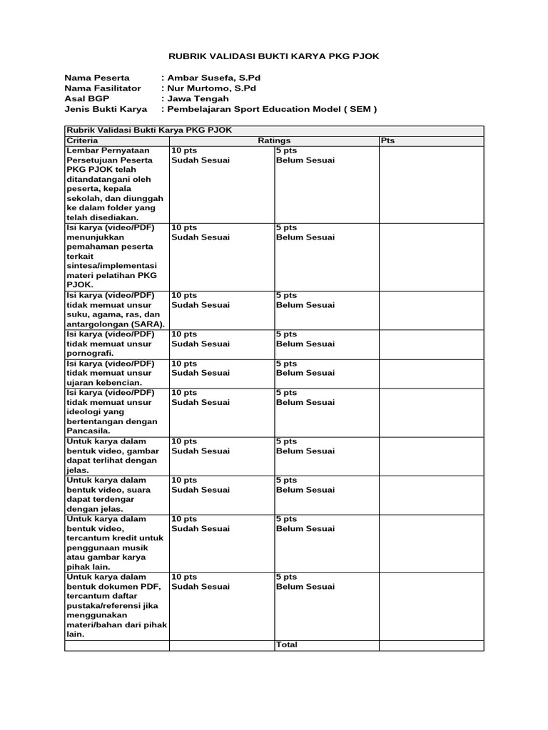 Rubrik Validasi Bukti Karya[1] | PDF