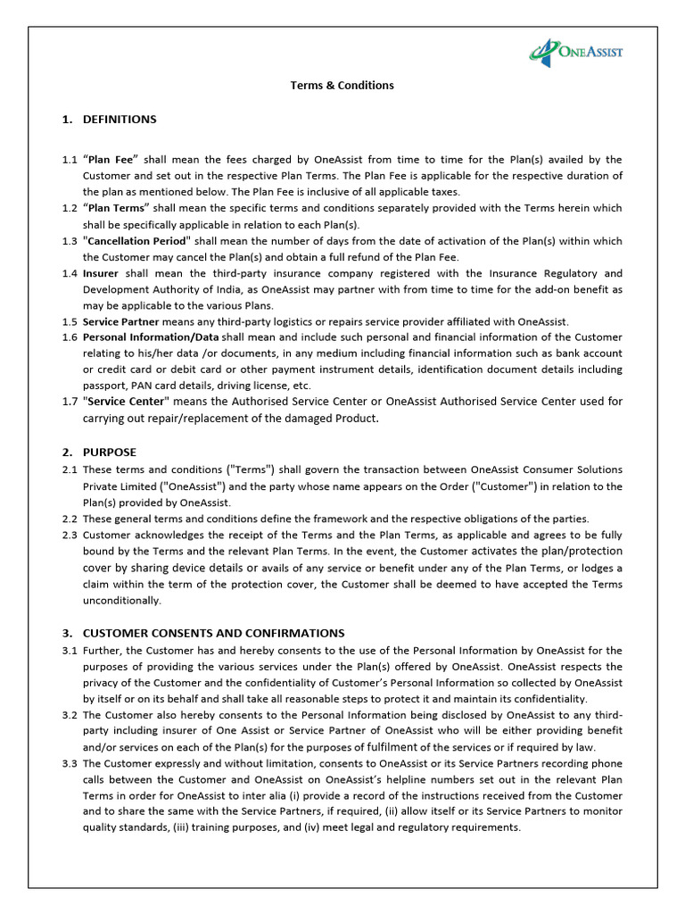 One Assist Terms and Conditions | PDF | Insurance | Deductible