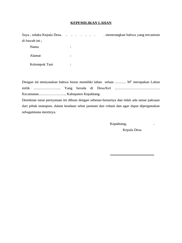 Surat Pernyataan Kepemilikan Lahan | PDF
