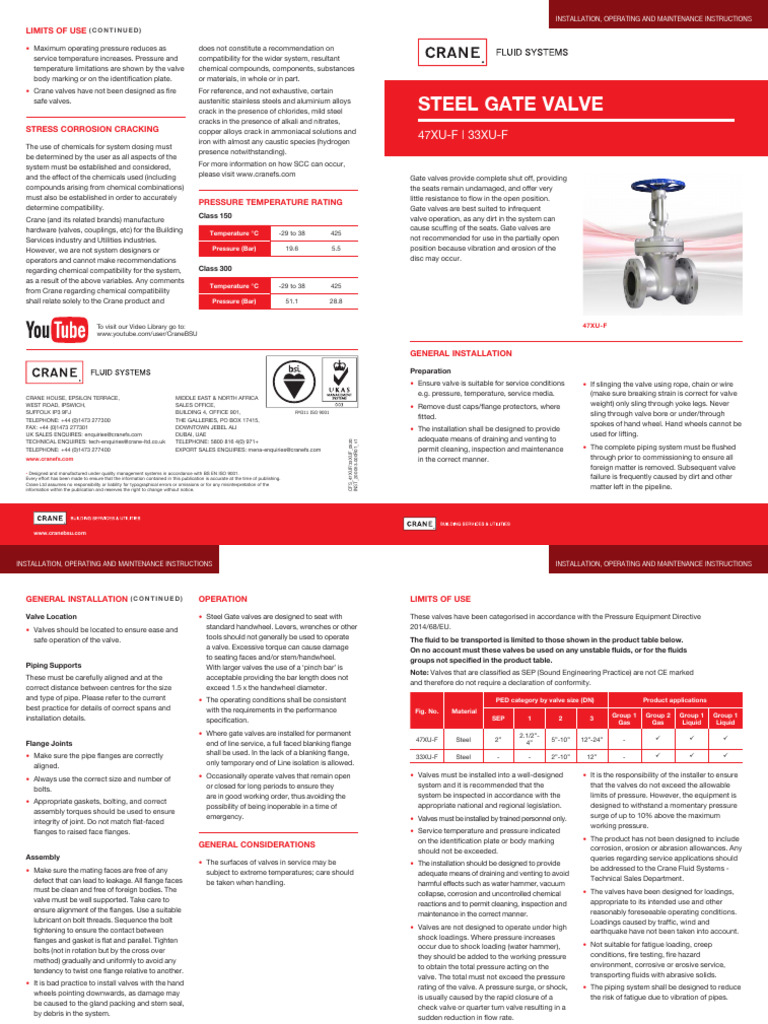 47XU-F+&+33UX-F-Steel+Gate+Valve-CraneFS-IOM-0620-v5 | PDF | Valve ...