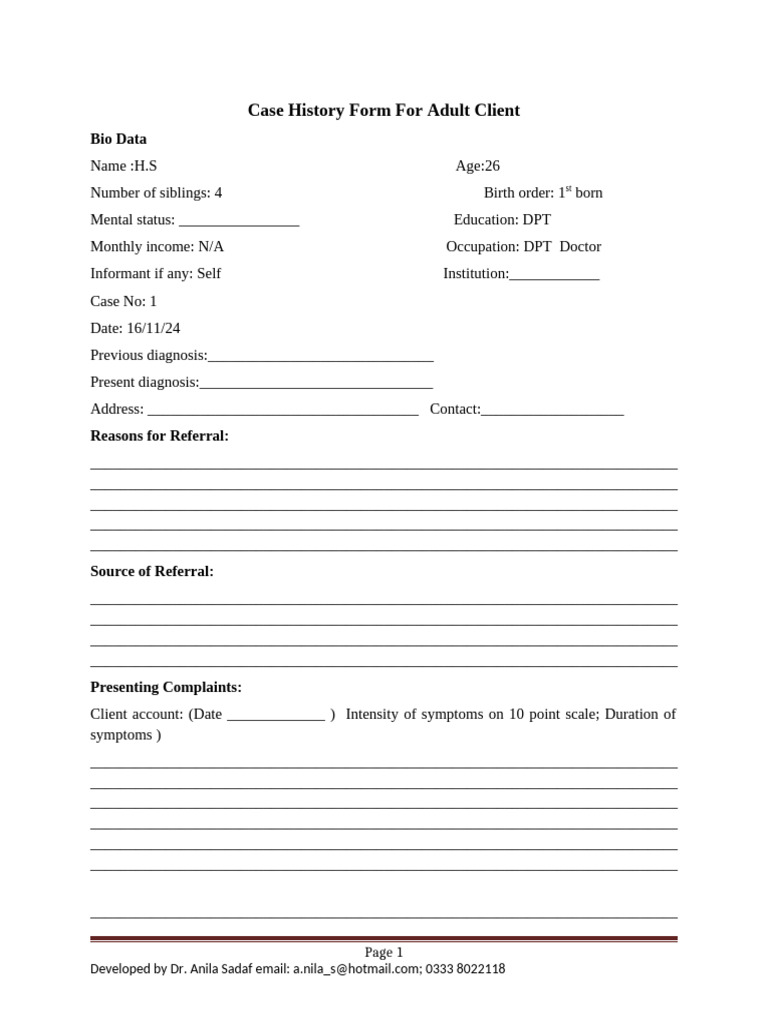 Case History Form For Adult | PDF | Extraversion And Introversion ...