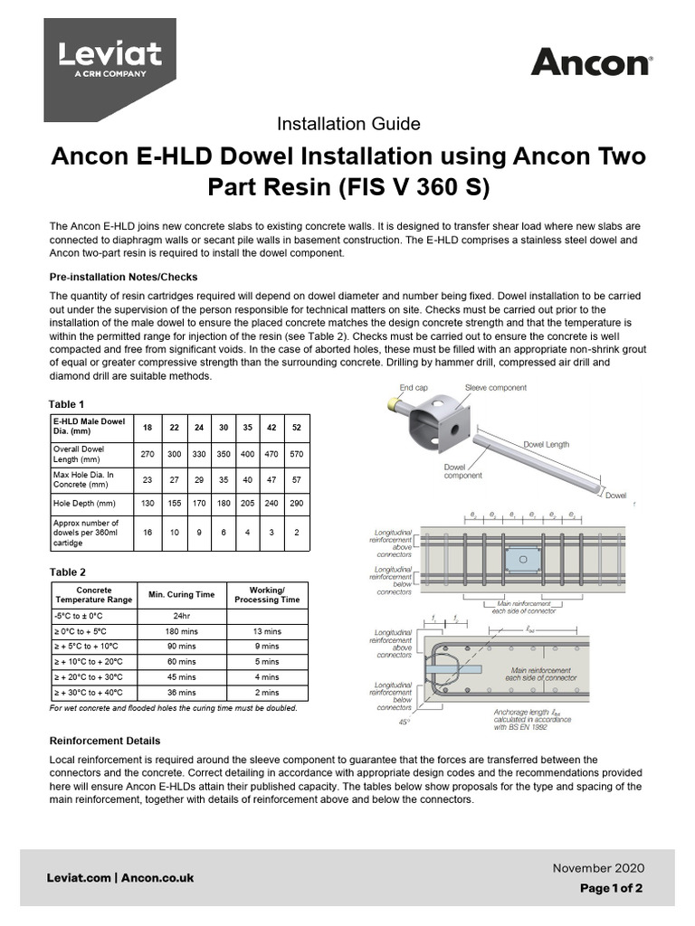 Ancon E-HLD Dowel Installation Using Ancon Two Part Resin FIS V 360 S | PDF | Concrete | Drill