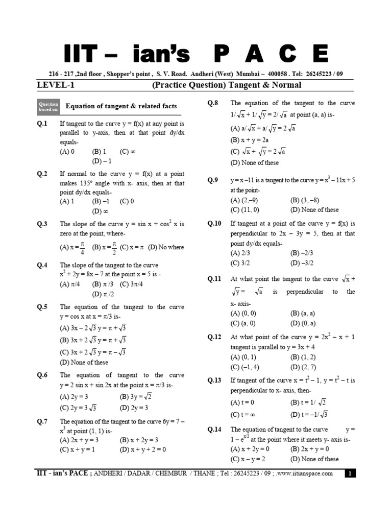 Tangent & Normal [Practice Question] | PDF | Tangent | Slope