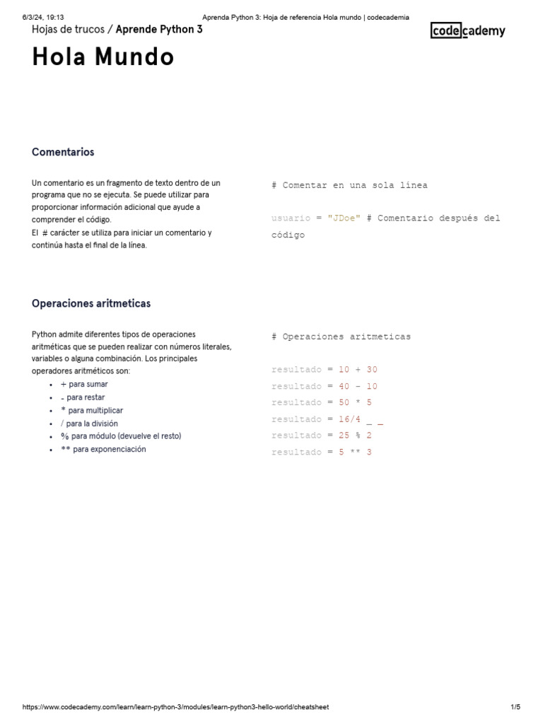 Aprenda Python 3 - Hoja de Referencia Hola Mundo - Codecademia | PDF ...