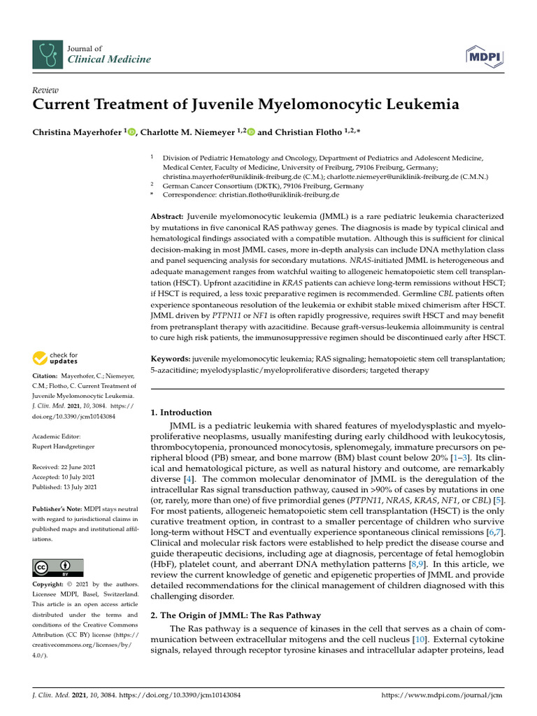 Current Treatment of Juvenile Myelomonocytic Leukemia (J Clin Med. 2021) | PDF | Hematopoietic ...