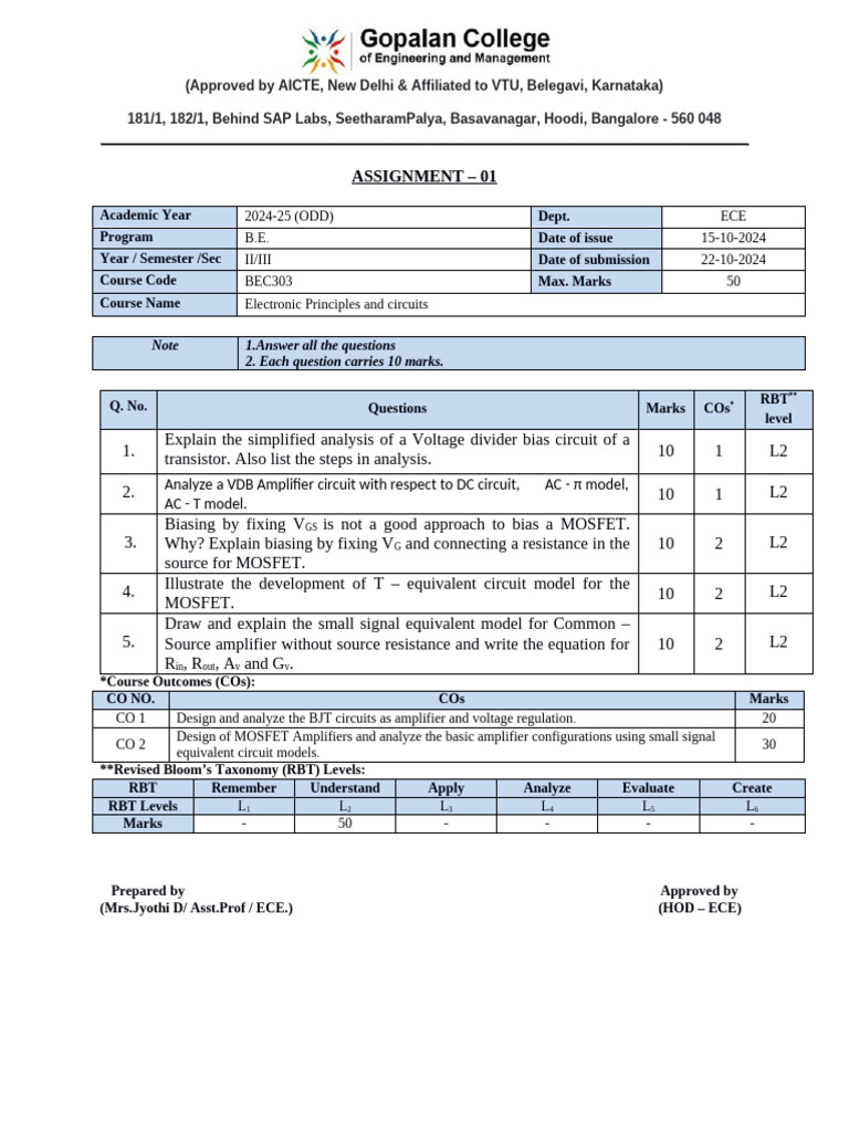 EPC - ASSIGNMENT 01 (III Sem) | PDF | Amplifier | Mosfet