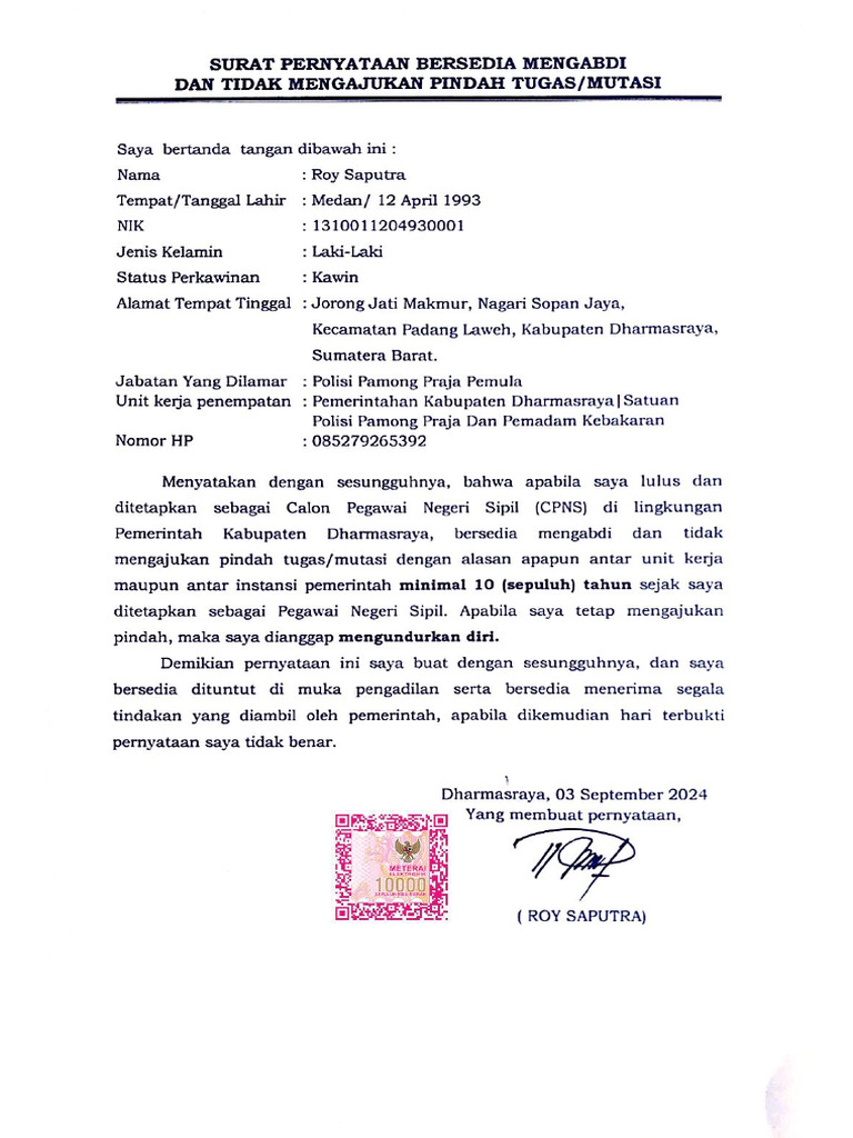 SURAT PERNYATAAN BERSEDIA MENGABDI | PDF