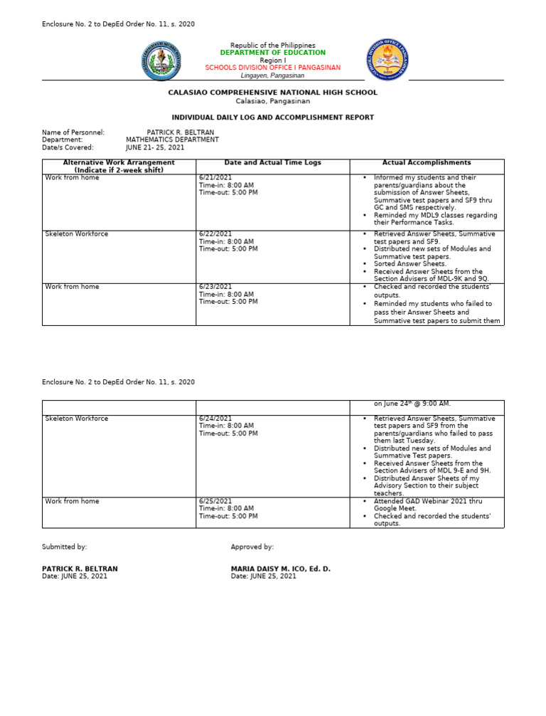 Accomplishment Report Math - Dept JUNE 21 25 2021 | PDF