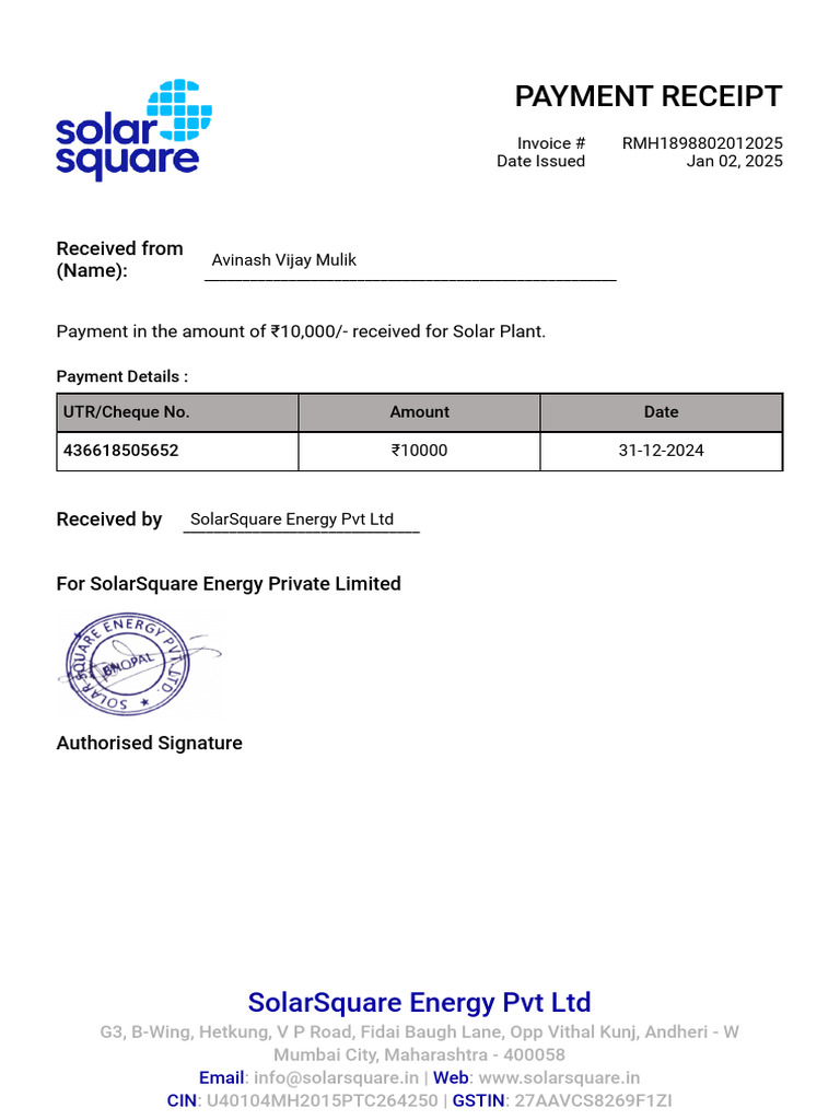 Advance Payment Receipt 0201(26) | PDF