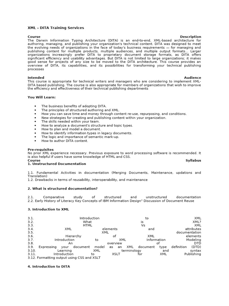 Fateh Chandra DITA XML Course Outline-2 | PDF | Xml | Computing