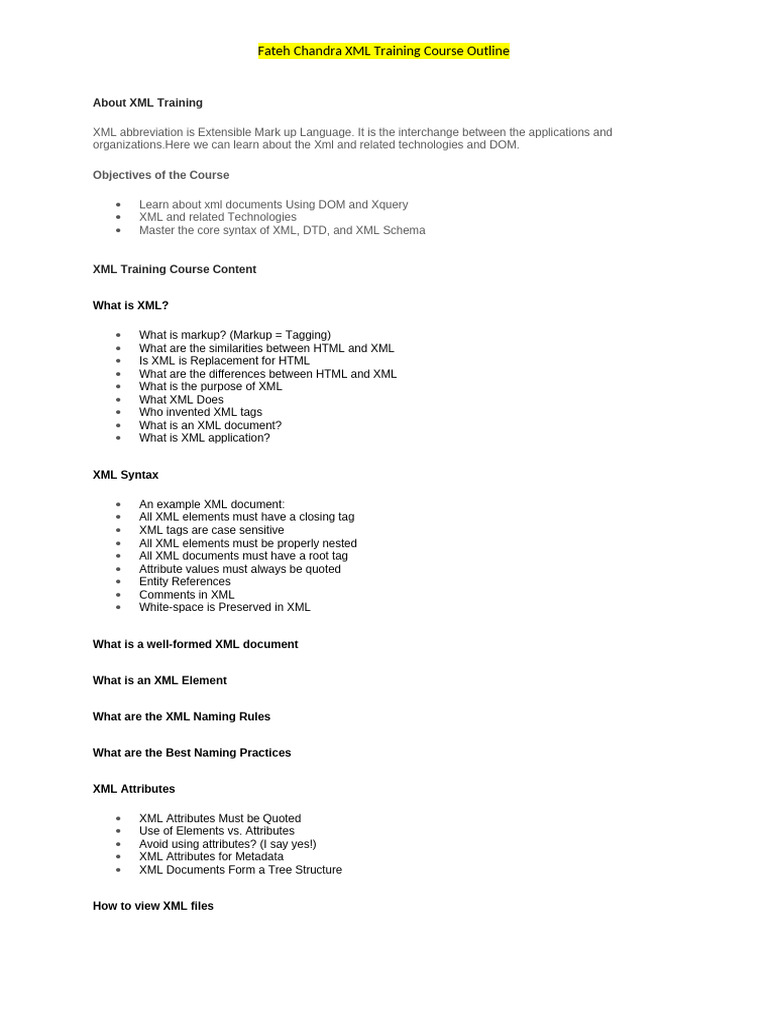 Fateh Chandra XML DTD XSD Training Course Outline | PDF | Xml | Html Element