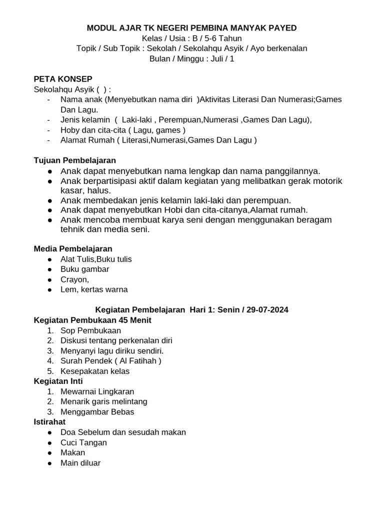 Modul Ajar TK: Perkenalan Diri Anak | PDF