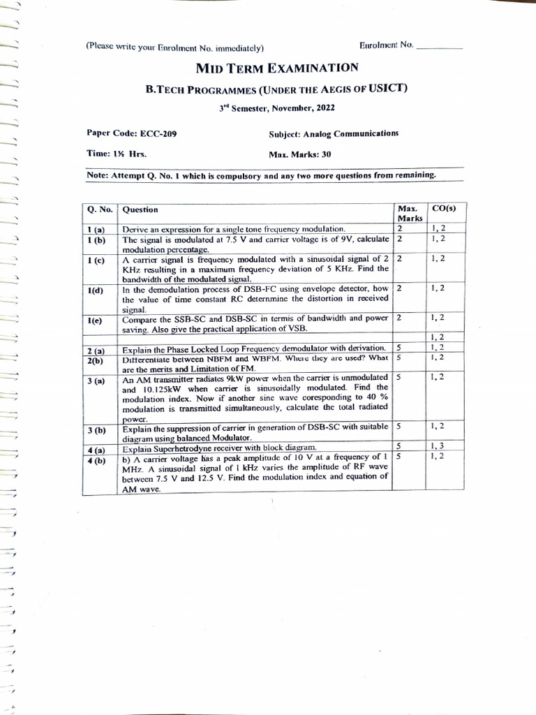 Analog Comm Paper 2022-23 | PDF | Frequency Modulation | Modulation