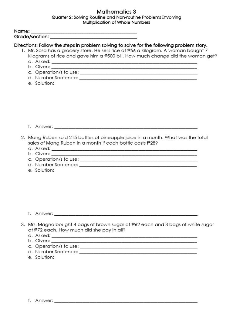 Mathematics 3 Problem Solving Involving Multiplication | PDF