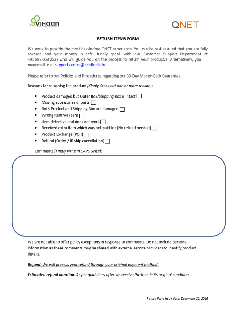 QNET India Product Return Form | PDF