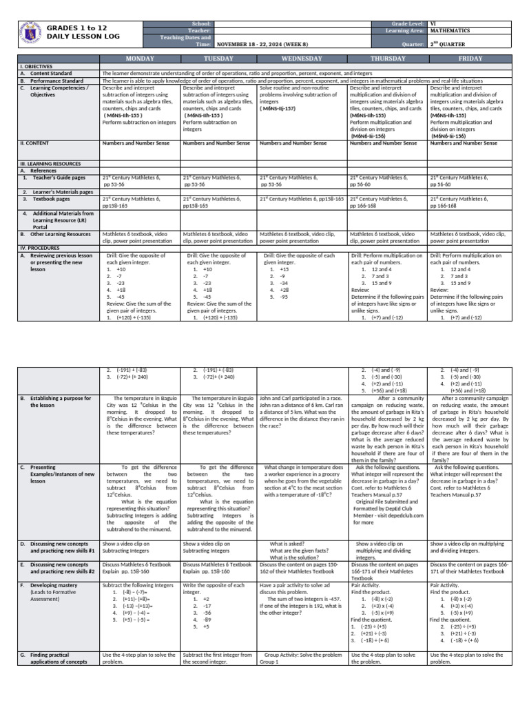 DLL_MATHEMATICS 6_Q2_W8 | PDF | Subtraction | Arithmetic