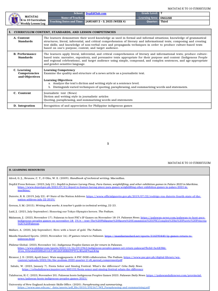 DLL Matatag - English 7 q3 w4 | PDF | Cebu | Human Communication