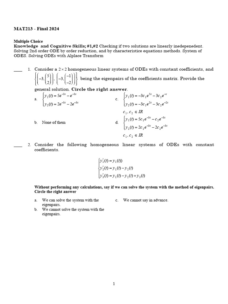 AMT213-Final-V1 | PDF | Eigenvalues And Eigenvectors | Ordinary Differential Equation