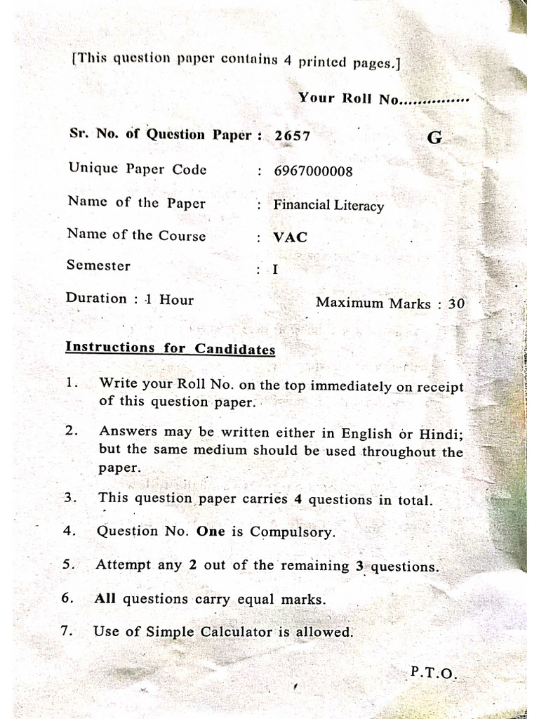 Financial Literacy Paper - Sem 3 - 16 Jan 2024 | PDF