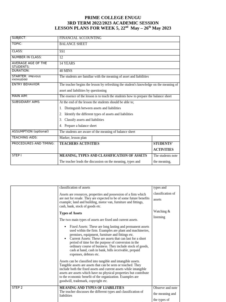 Week 5 Lesson Note On Financial Accounting 2 | PDF | Balance Sheet ...