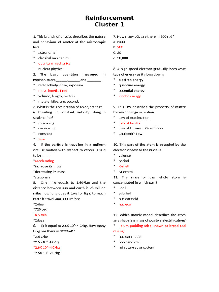 Reinforcement Cluster 1 With Answer | PDF | Electron | Atoms