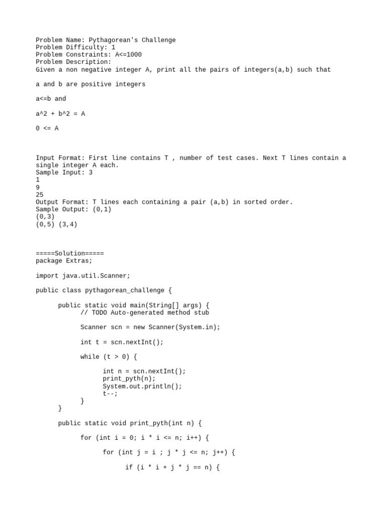 Pythagorean Pairs Generator Challenge | PDF