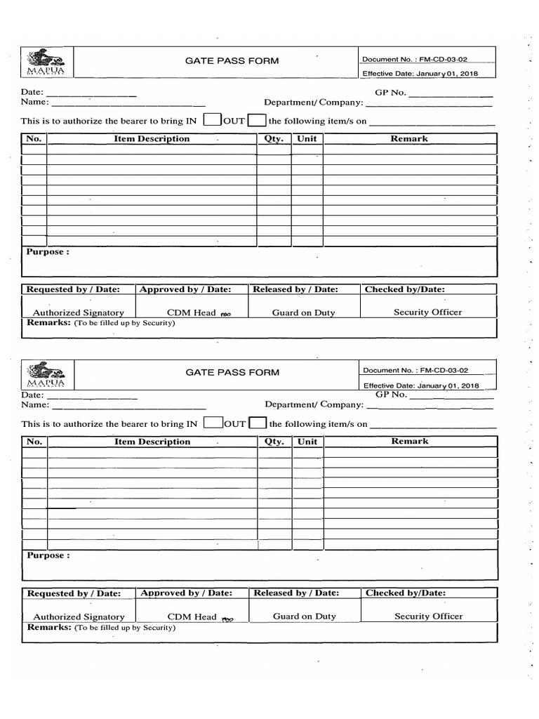 Gate Pass Authorization Form Template | PDF