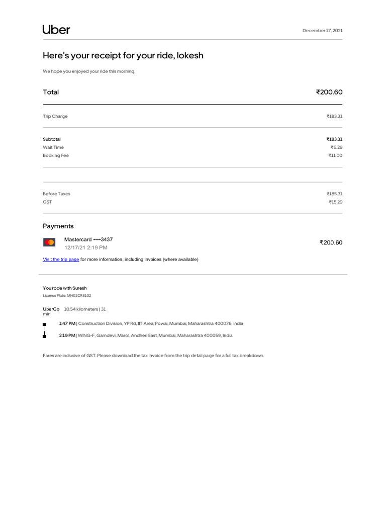 Uber Ride Receipt Mumbai 12/17/21 | PDF