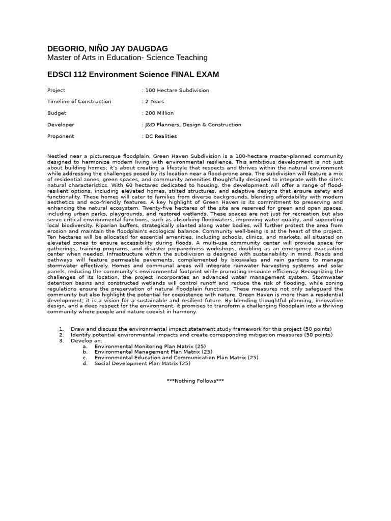 DEGORIO - EnviSci.Final Exam | PDF | Wetland | Surface Runoff